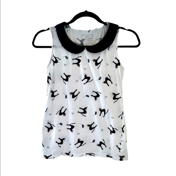 Uniqlo | Tops | Uniqlo Lulu Guinness White Cotton Cat Print Peter Pan ...